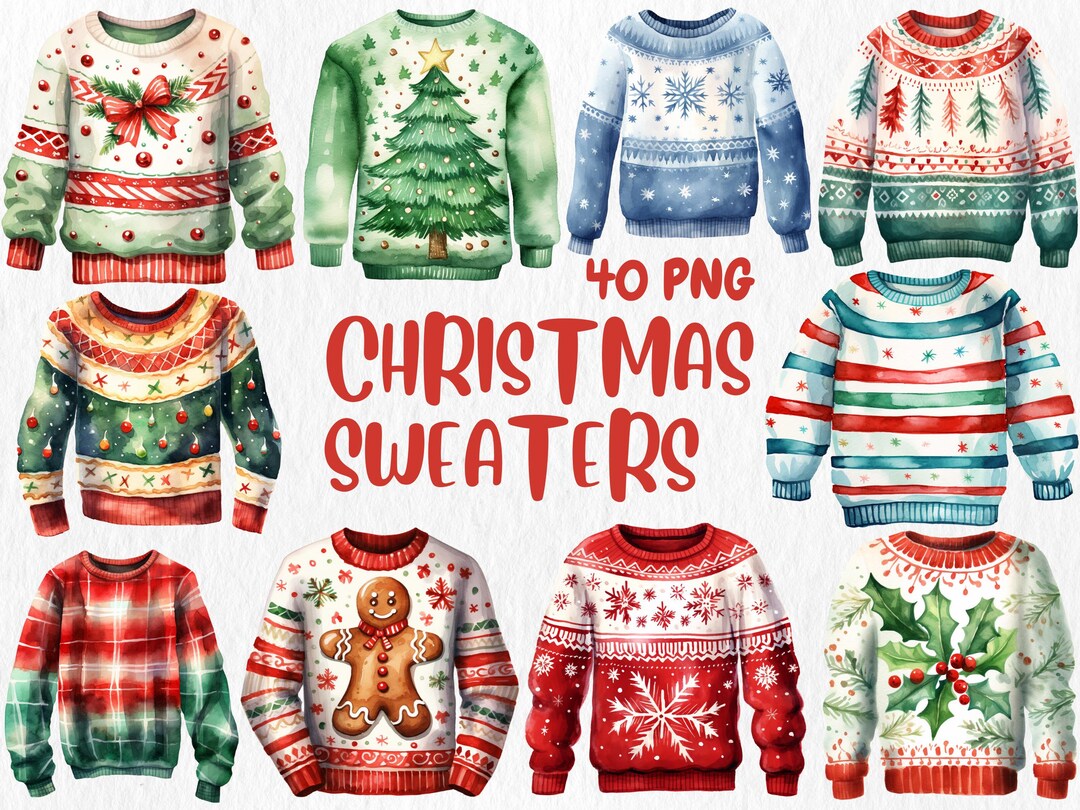 Watercolor Christmas Sweaters Clipart: Holiday PNG Illustrations ...