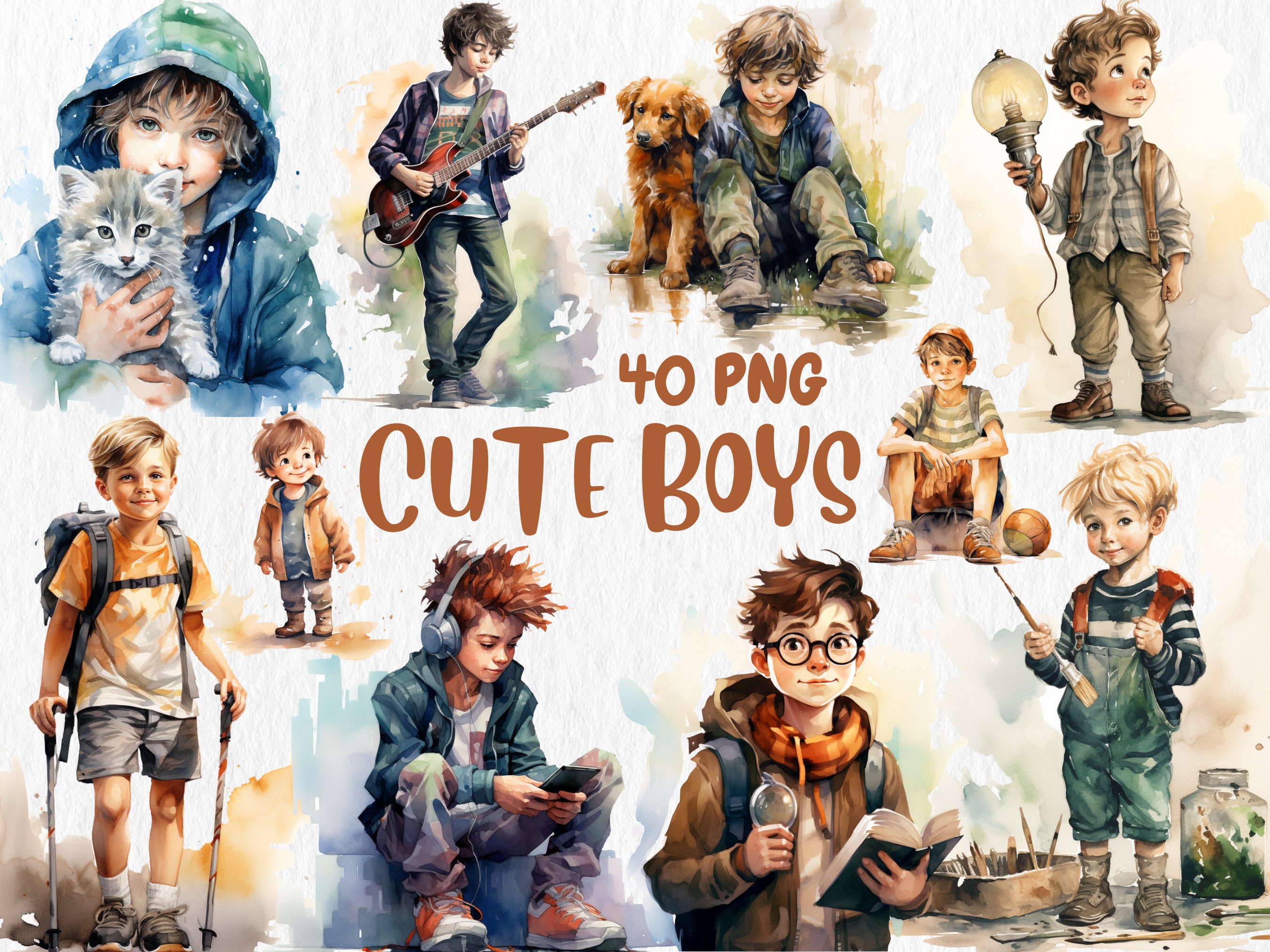 Watercolor Boys Clipart | 40 PNG Illustrations (digital Download) - Etsy