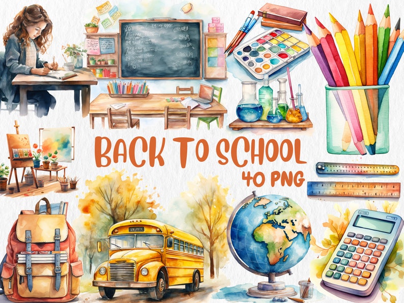 Watercolor Back to School Clipart: PNG School Illustrations (instant ...