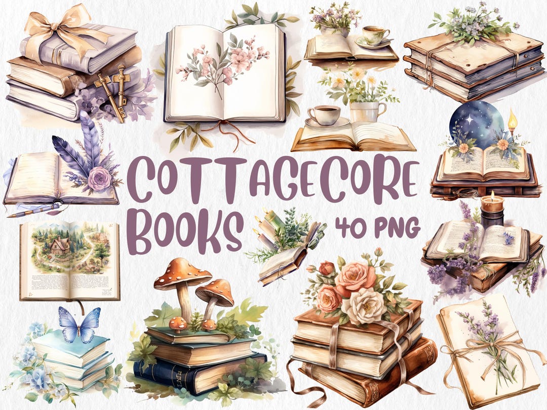 Watercolor Cottagecore Books Clipart: Cozy Library PNG (digital ...