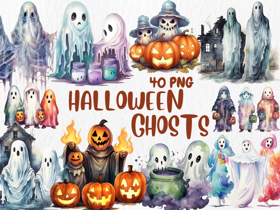 Watercolor Halloween Ghost Clipart: 40 PNG Spooky Illustrations ...