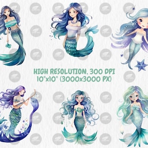 Watercolor Mermaids Clipart Underwater, Magical Sea, Mermaid Tail ...