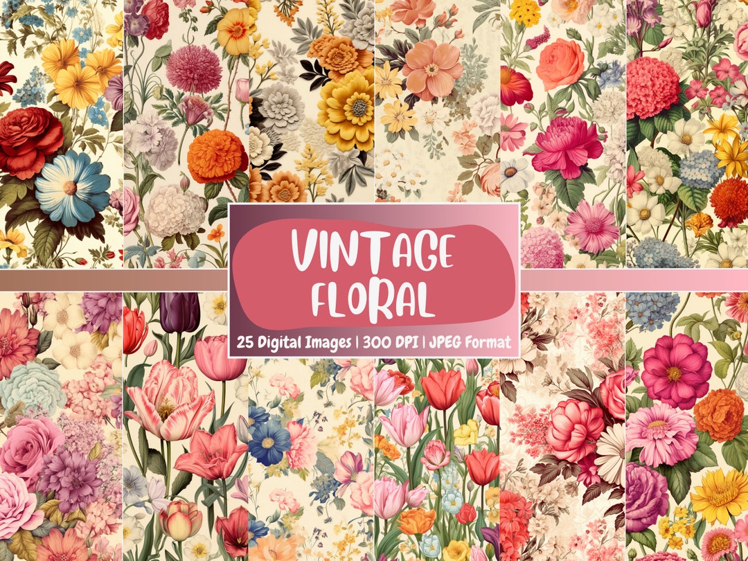 Vintage Floral Digital Paper | Retro Wildflower Prints and Patterns ...