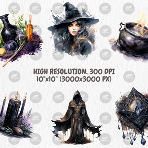 Watercolor Black Magic Clipart: Spell Book, Crystal Ball (instant ...