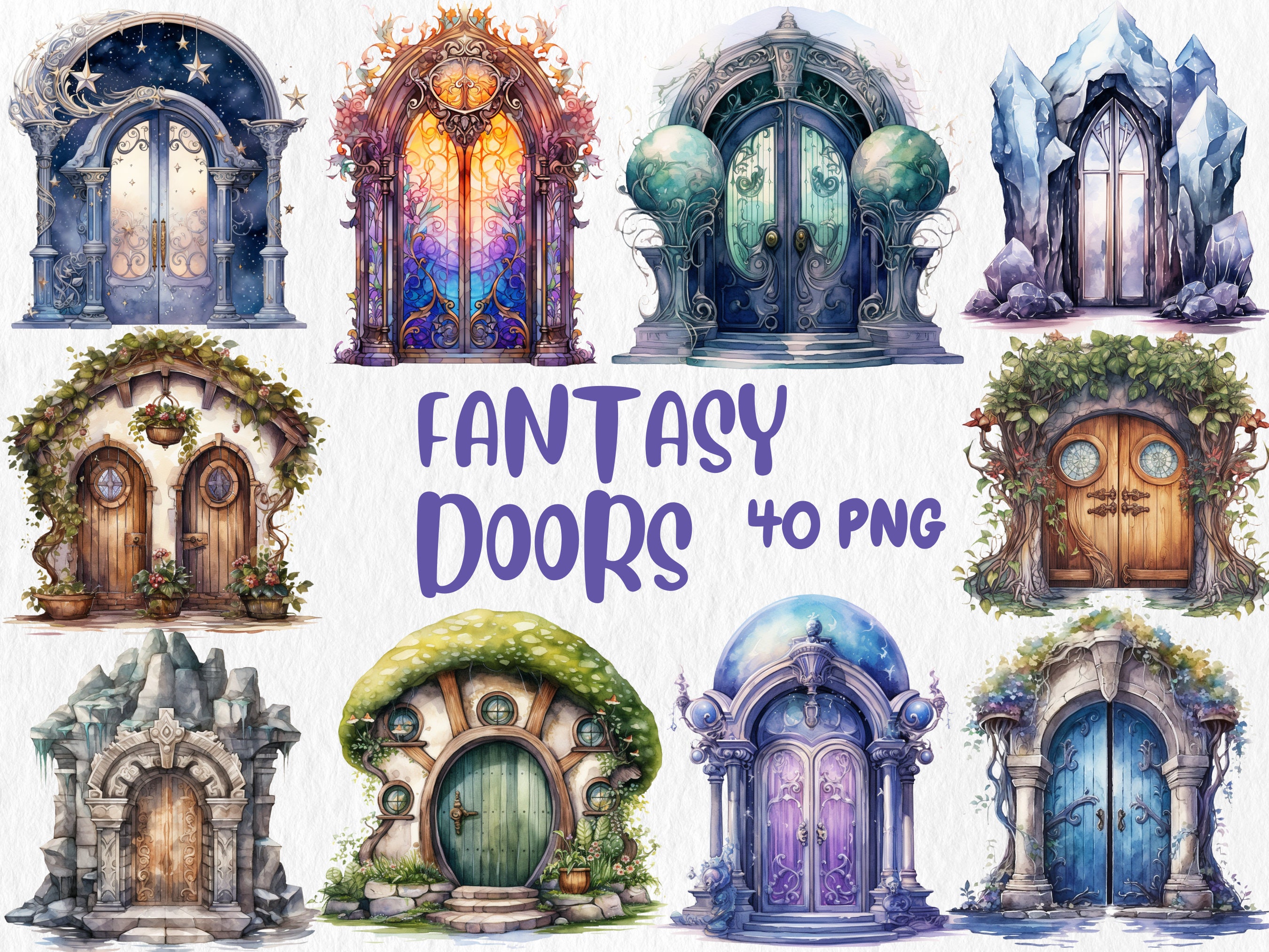 Watercolor Fantasy Doors Clipart Magical Tree Door Castle - Etsy