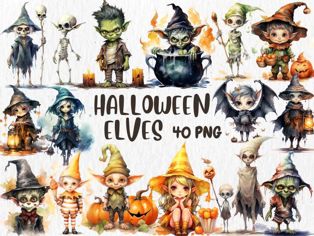 Watercolor Halloween Elf Clipart: 40 Spooky PNG Graphics (instant ...