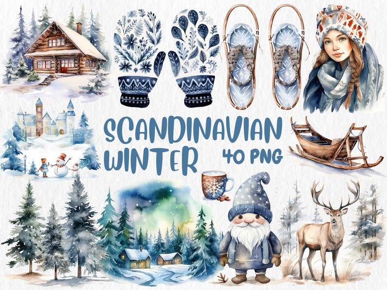 Watercolor Winter Clipart Bundle: Animals, Snowman, Scandinavian ...