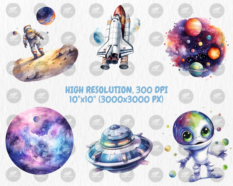 Watercolor Space Clipart: Planets, Astronaut, UFO Illustrations ...