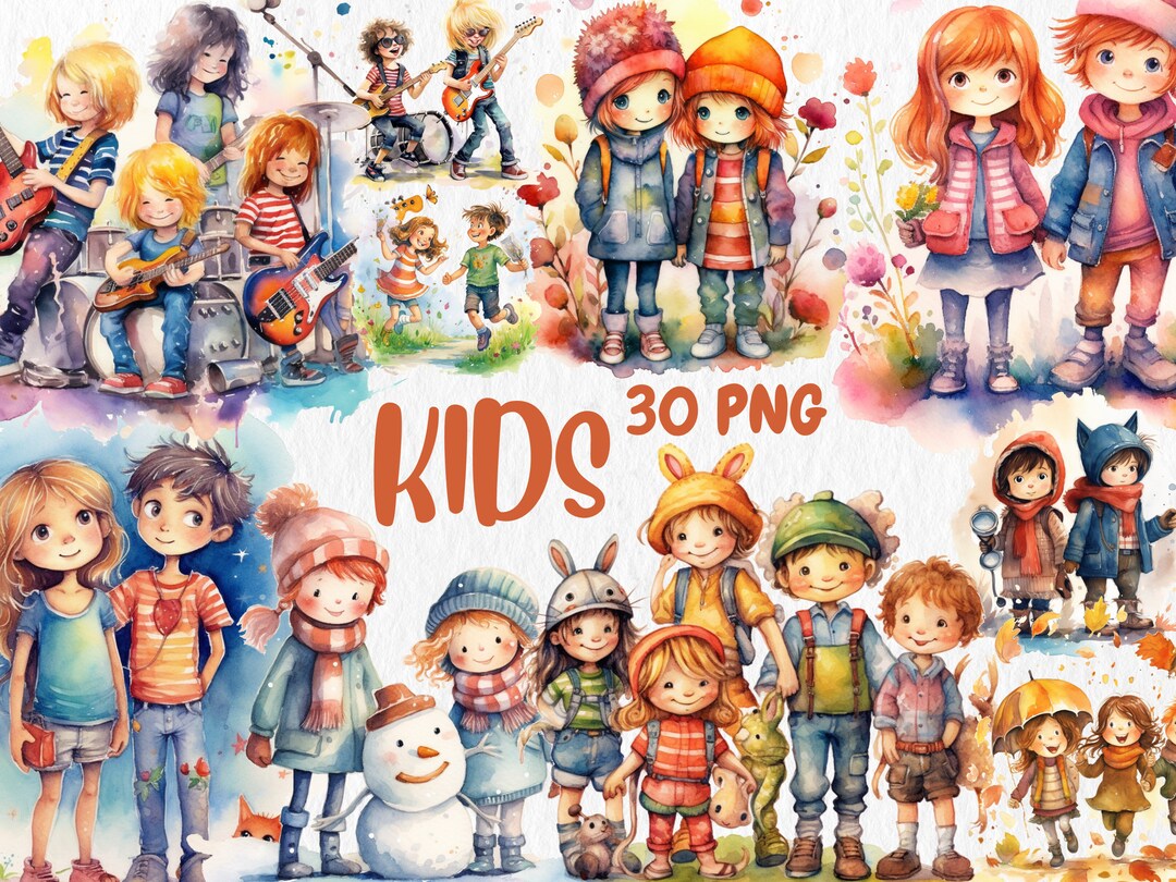 Watercolor Kids Clipart: Playful Illustrations, PNG Graphics ...