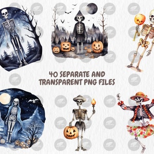 Watercolor Halloween Skeletons Clipart: 40 PNG Graphics (commercial Use ...