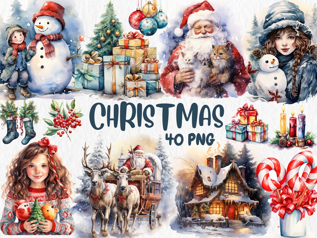 Watercolor Christmas Clipart: Holiday Illustrations, PNG Graphics ...