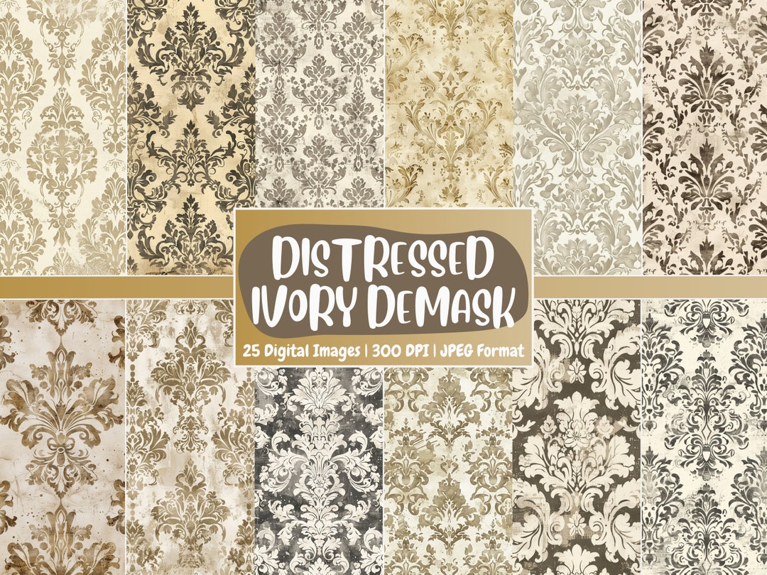 Distressed Ivory Demask Digital Paper | Rustic Vintage Textured ...