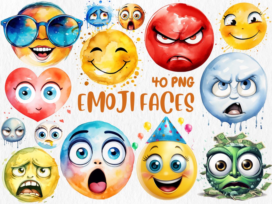 Watercolor Emoji Clipart: Happy, Angry, & Sad Faces (digital Download ...