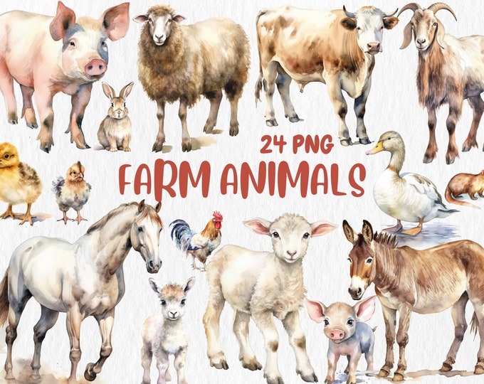 Cute and Funny Farm Animals Clipart PNG Bundle 46 Watercolor Cow, Goat ...