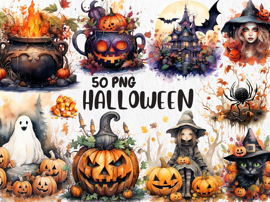 Watercolor Halloween Clipart: 50 PNG Graphics, Spooky Illustrations ...