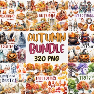Watercolor Autumn Clipart Bundle: Fall, Halloween, Thanksgiving (320 ...