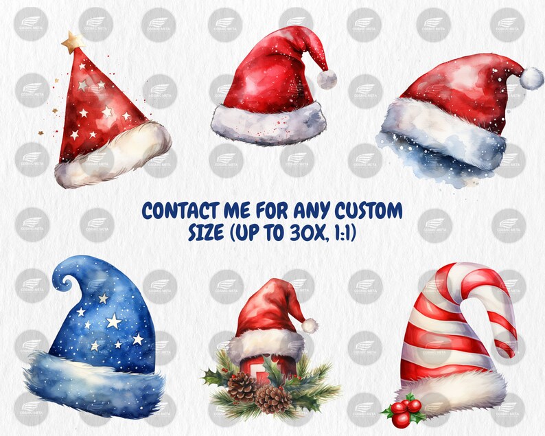 Watercolor Santa Hat Clipart: 40 Xmas Illustrations (commercial Use ...