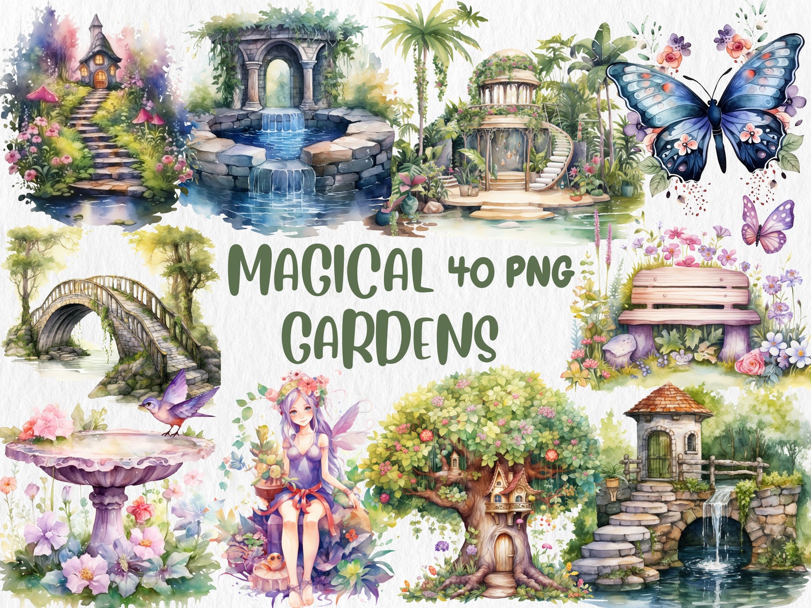 Watercolor Magical Gardens Clipart Fantasy Fairy Garden Images, Magical ...