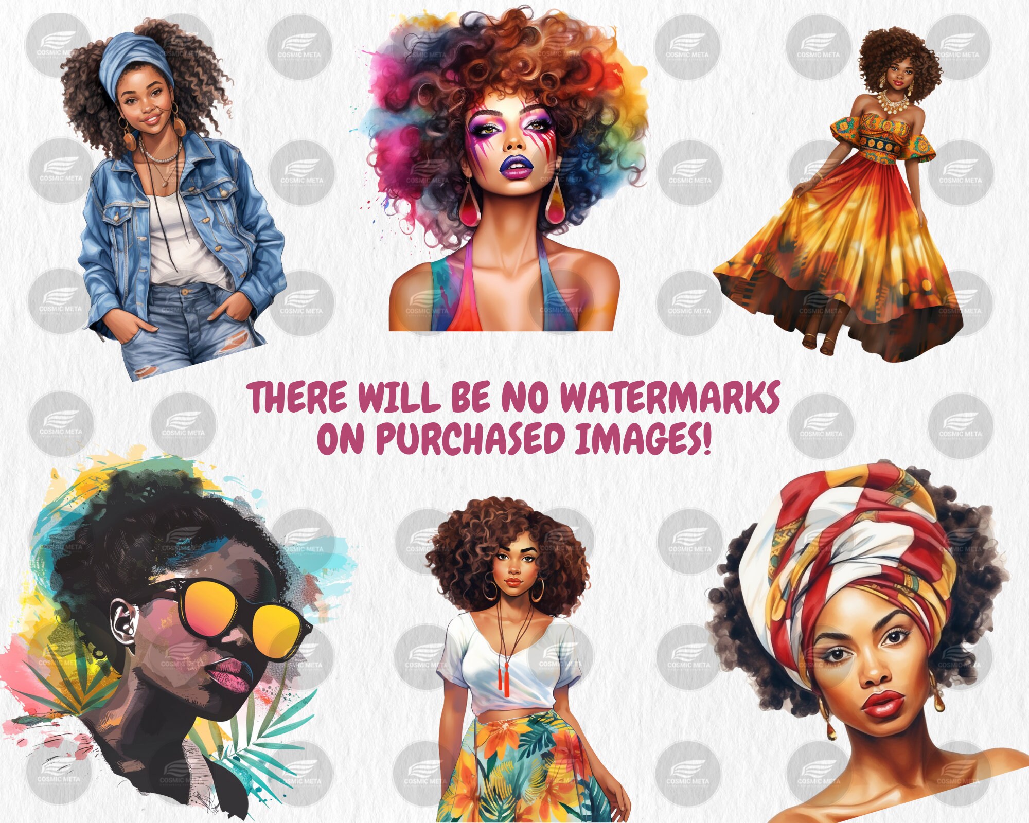 Watercolor Afro Girls Clipart: Black Woman Illustrations (instant ...