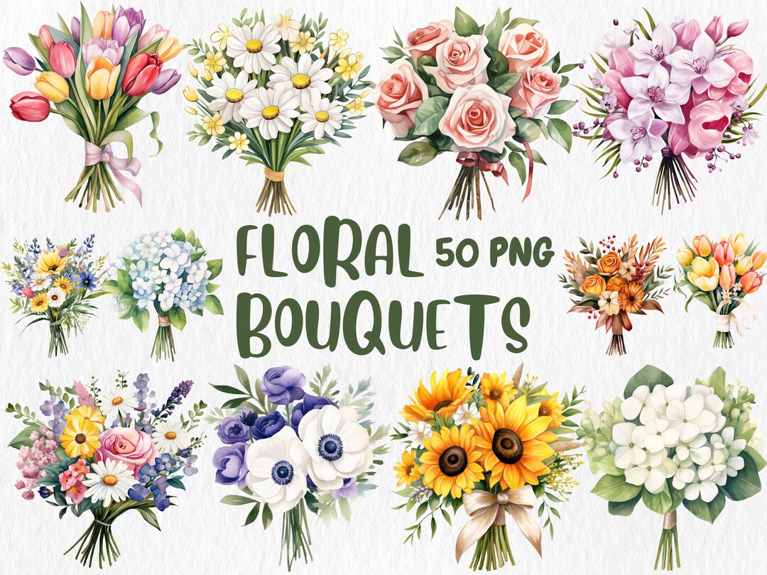Watercolor Floral Bouquets Clipart: Spring Flowers PNG (digital ...