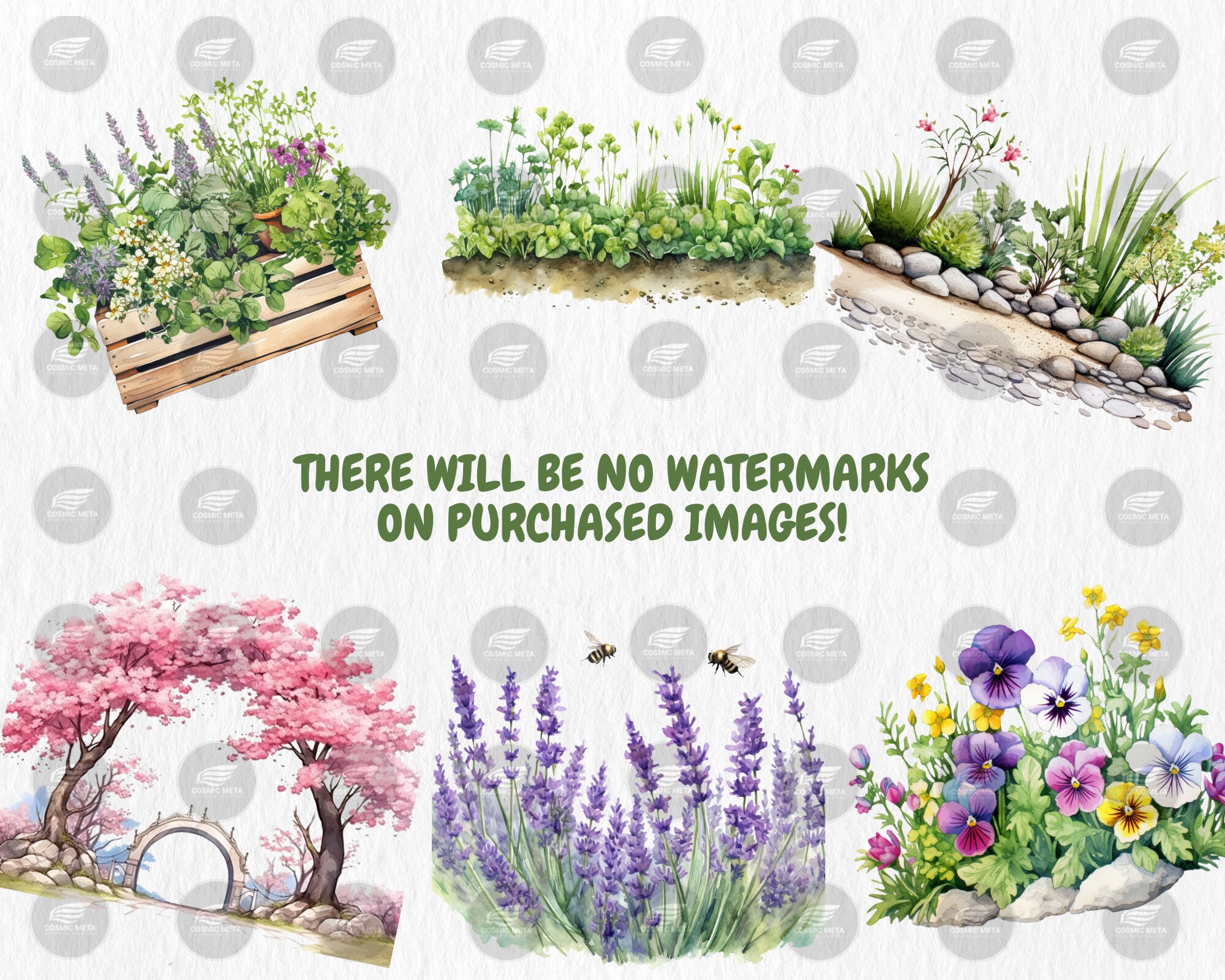 Watercolor Spring Garden Clipart: 40 PNG Illustrations (digital ...