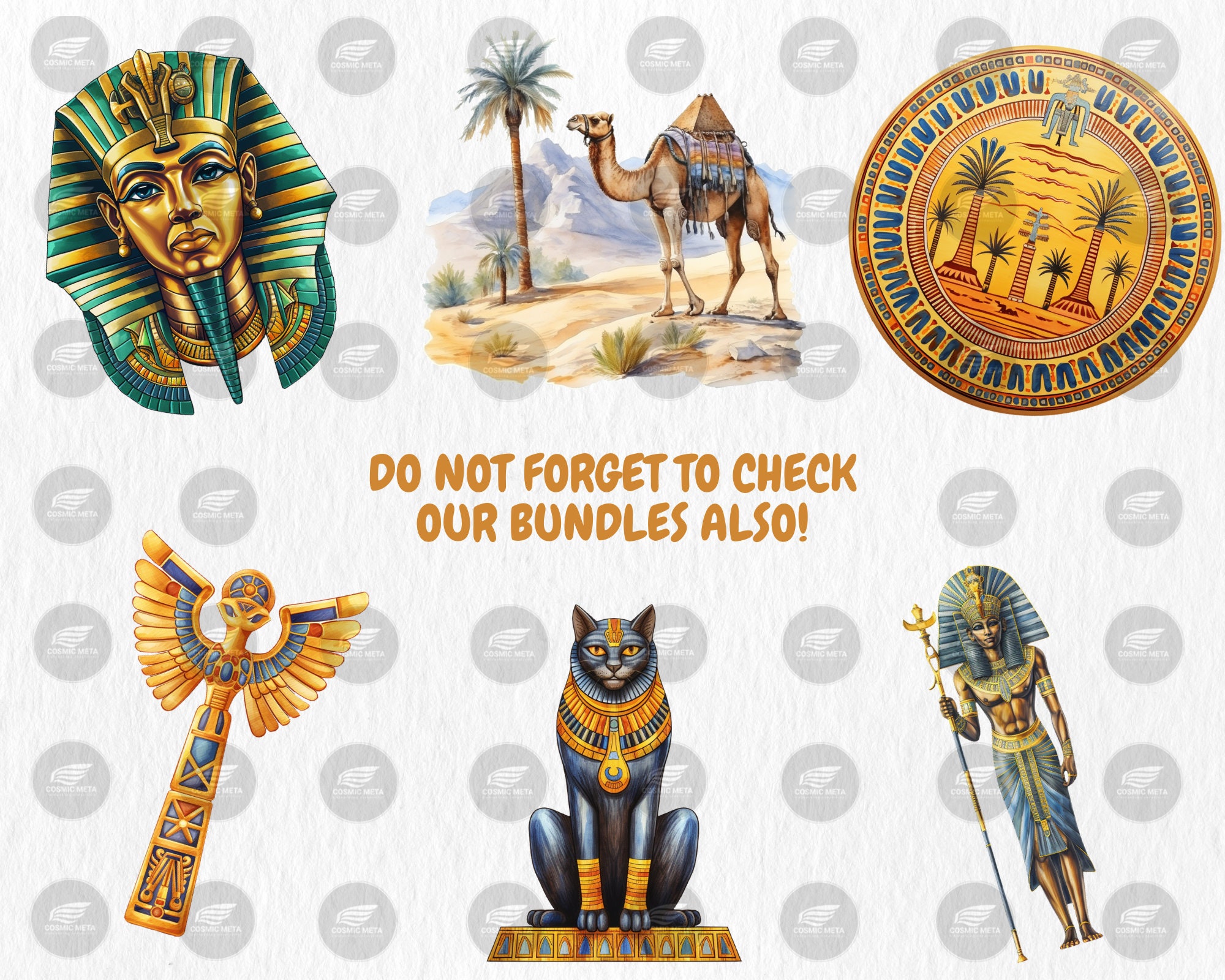 Watercolor Ancient Egypt Clip Art: Pharaoh, Cleopatra, Pyramids ...