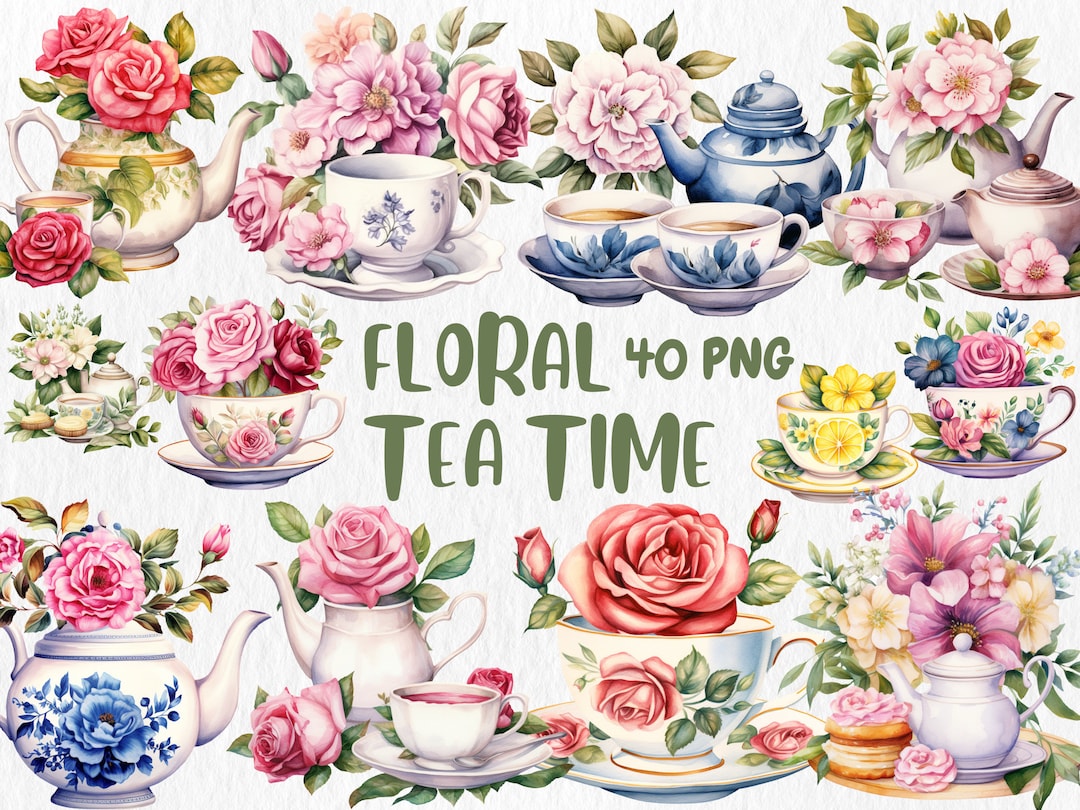Watercolor Floral Tea Time Clipart | Vintage Teacup, Tea Time, Tea Party, Afternoon Tea ...