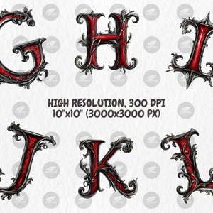 Red Gothic Alphabet Clipart: Medieval Letters & Numbers (PNG Digital ...