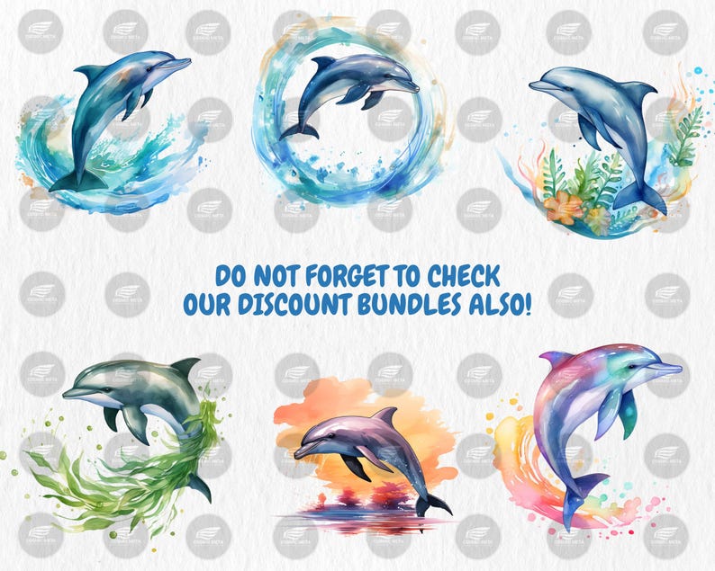 Watercolor Dolphins Clipart: 40 PNG Marine Animal Graphics (digital ...