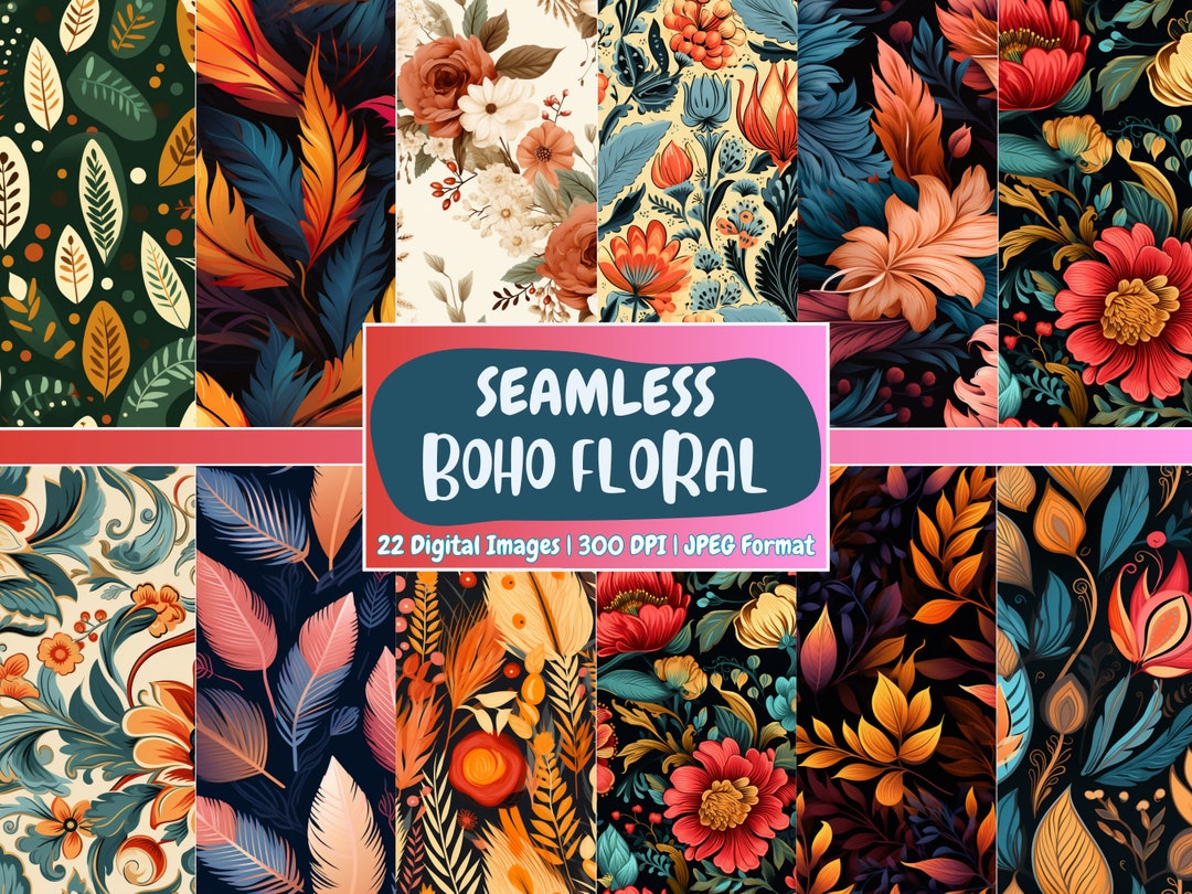 Seamless Boho Floral Digital Paper | Vintage Bohemian Leaves, Boho ...