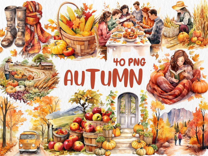 Watercolor Autumn Clipart Mega Bundle, Fall PNG Images (instant ...