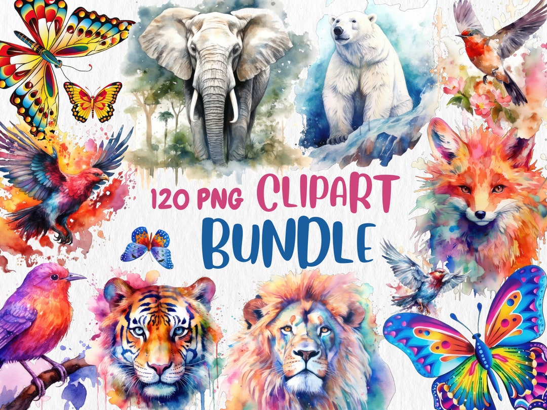 Watercolor Animals Clipart Mega Bundle | 120 PNG Graphics | Colorful ...