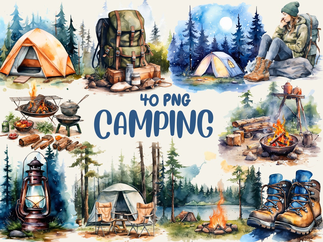Watercolor Camping Clipart: 40 PNG Tent, Campfire Illustrations ...
