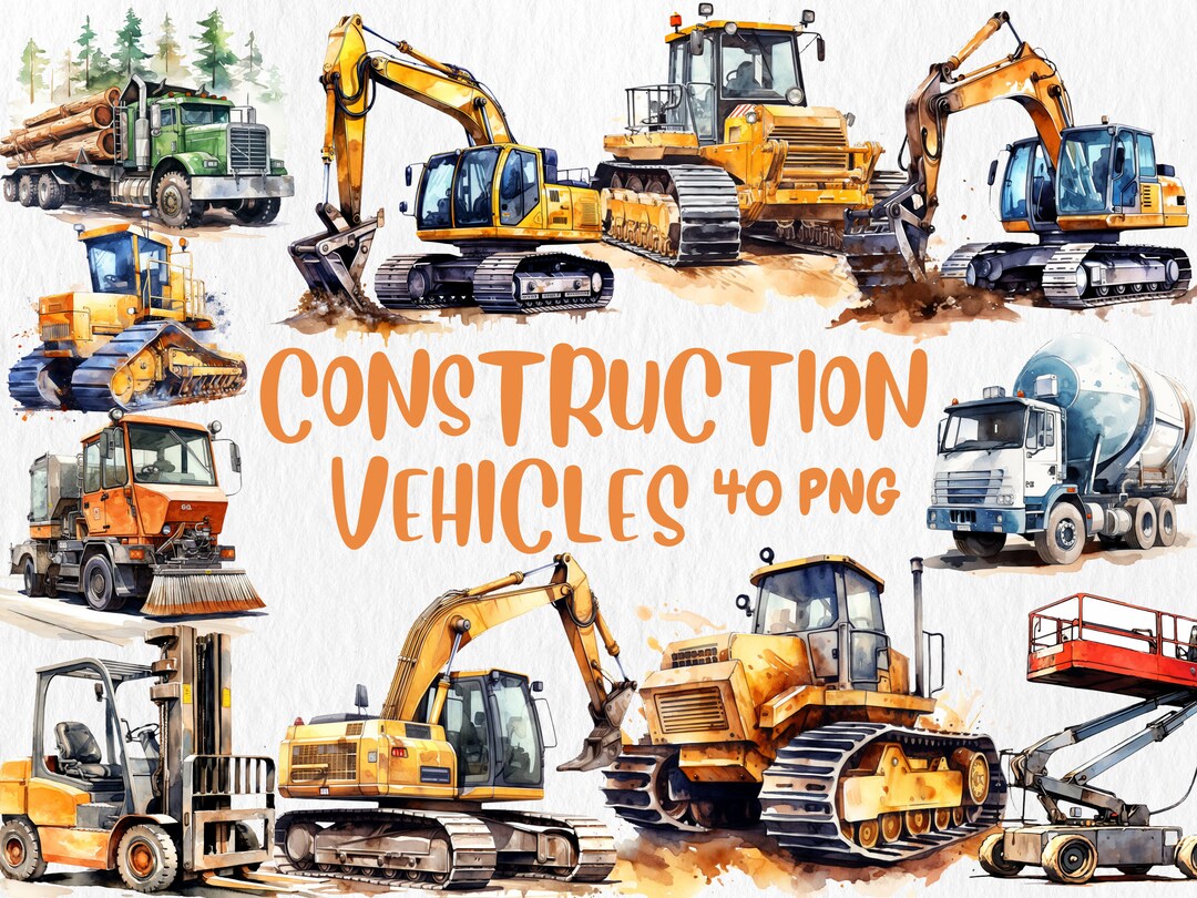 Watercolor Construction Vehicle Clipart: 40 PNG Illustrations ...