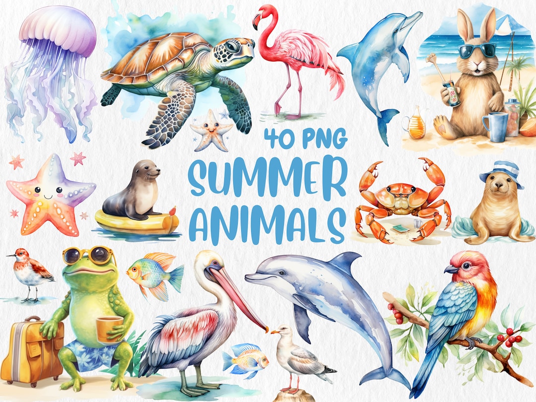 Watercolor Summer Animals Clipart | Dolphin, Sea Turtle, Jellyfish ...