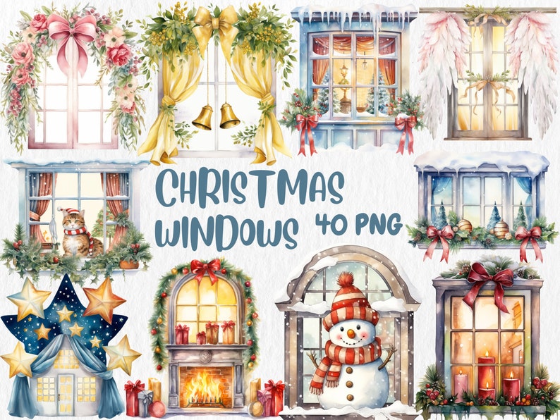 Watercolor Christmas Windows Clipart: Festive Holiday Scenes (digital ...