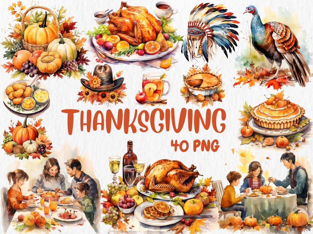 Watercolor Thanksgiving Clipart | Roast Turkey, Pumpkin Pie, Cornucopia ...
