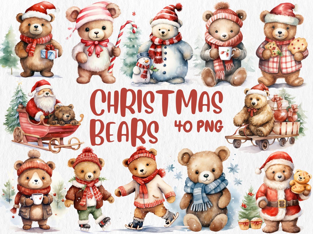 Watercolor Christmas Bears Clipart: Festive PNG Images (digital ...