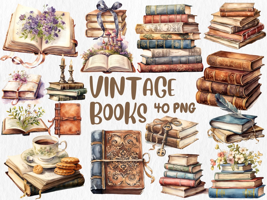 Watercolor Vintage Books Clipart: Antique Book Illustrations (40 PNG ...