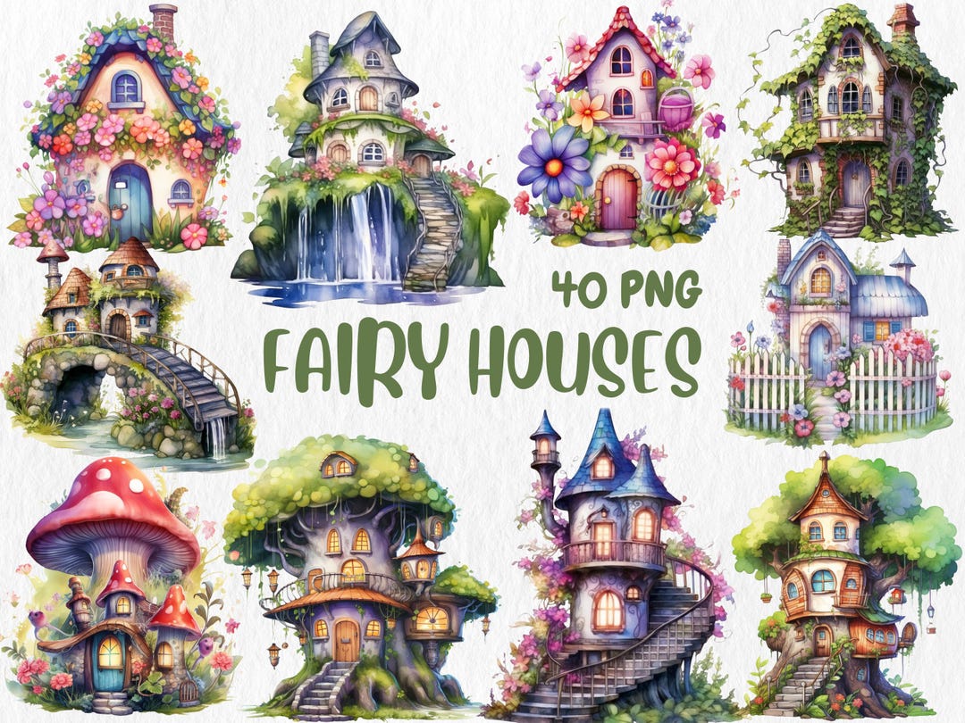 Watercolor Fairy Houses Clipart: 40 Fantasy Cottage PNG Designs ...