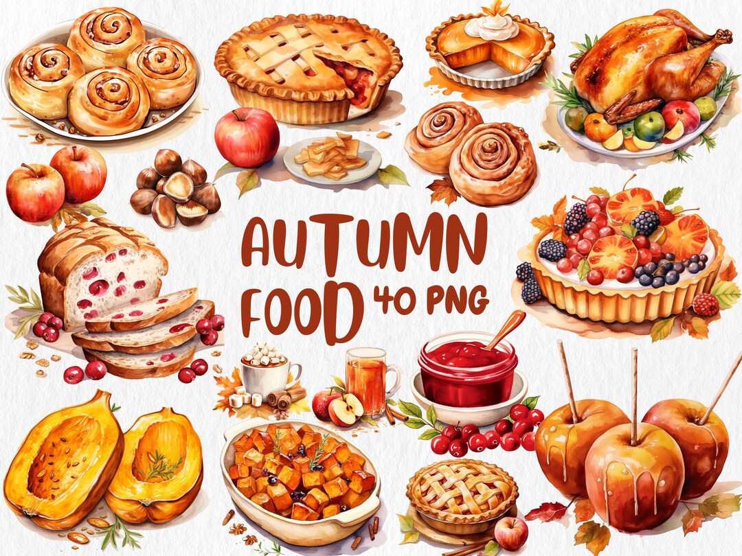Watercolor Autumn Food Clipart: Fall Harvest PNG Images (digital ...