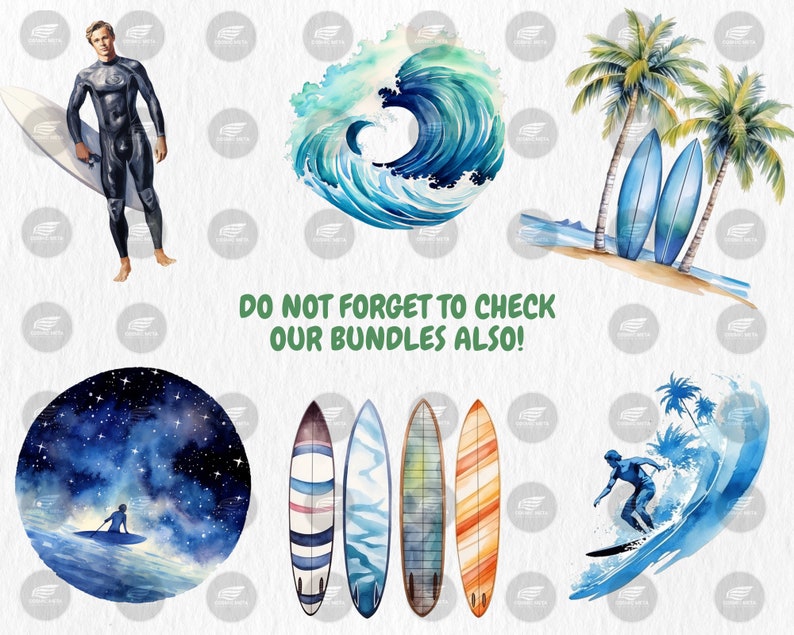 Watercolor Surfing Clipart: Beach, Surfboard, Palm Tree (instant ...