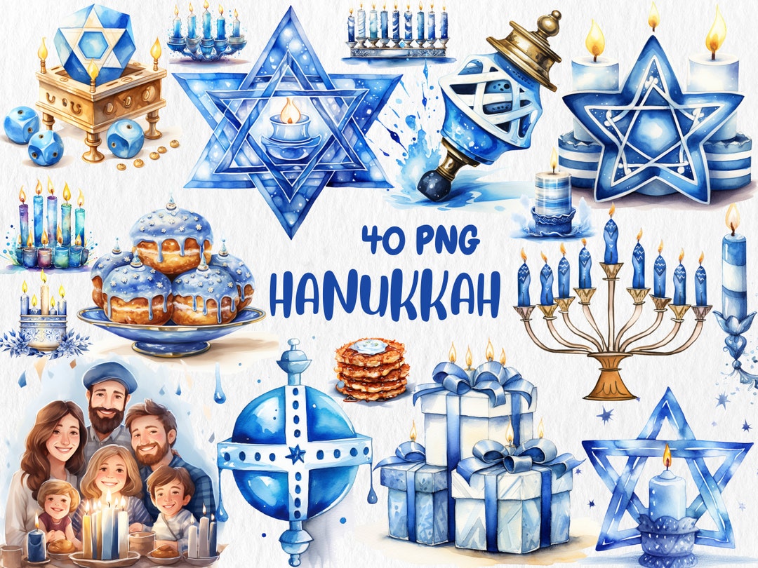 Watercolor Hanukkah Clipart: Menorah, Dreidel, Star of David (instant ...