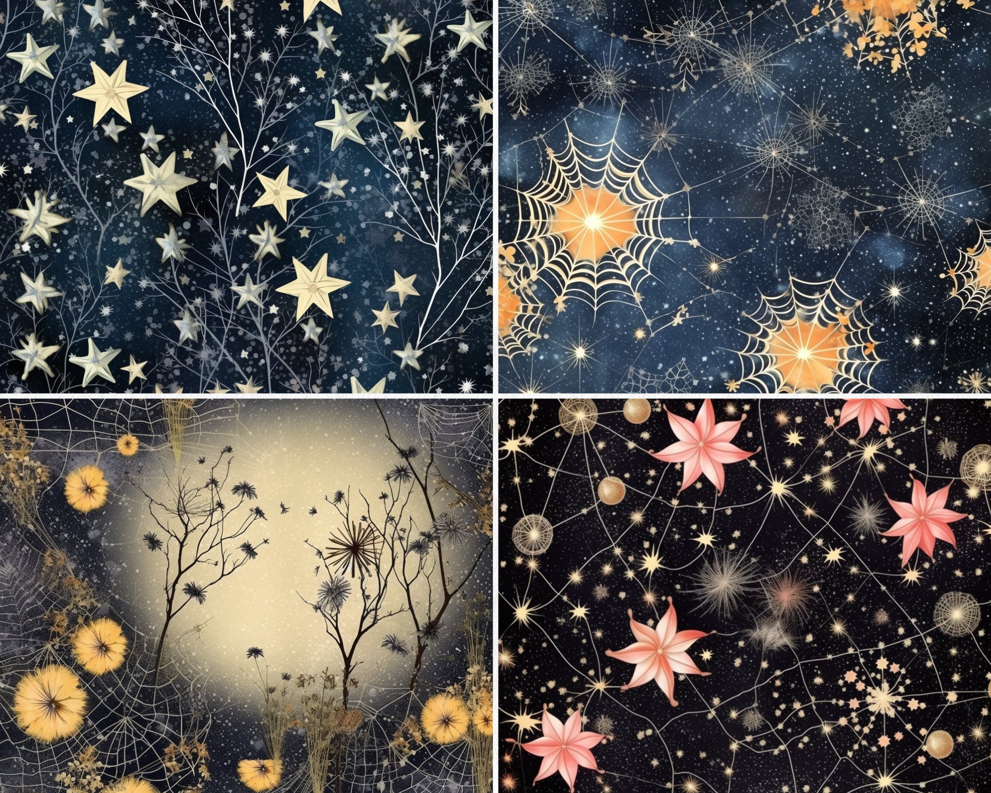 Celestial Spider Web Digital Paper: Starry Night Florals (instant ...