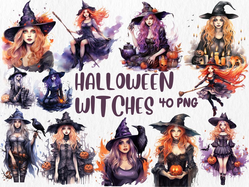 Watercolor Halloween Witches Clipart: Spooky Witch Illustrations ...