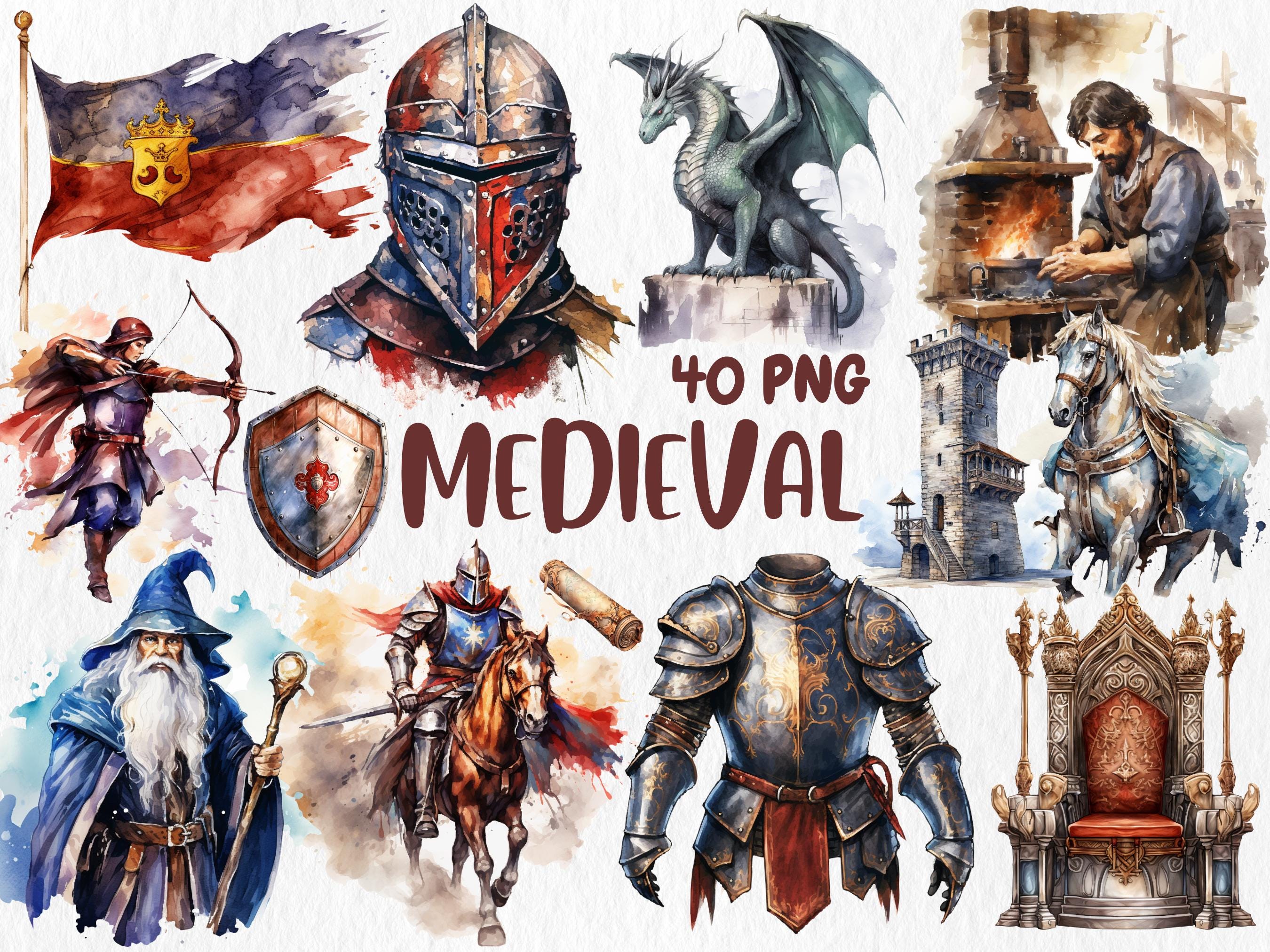 Watercolor Medieval Clipart: Knight, Dragon, Castle Illustrations ...