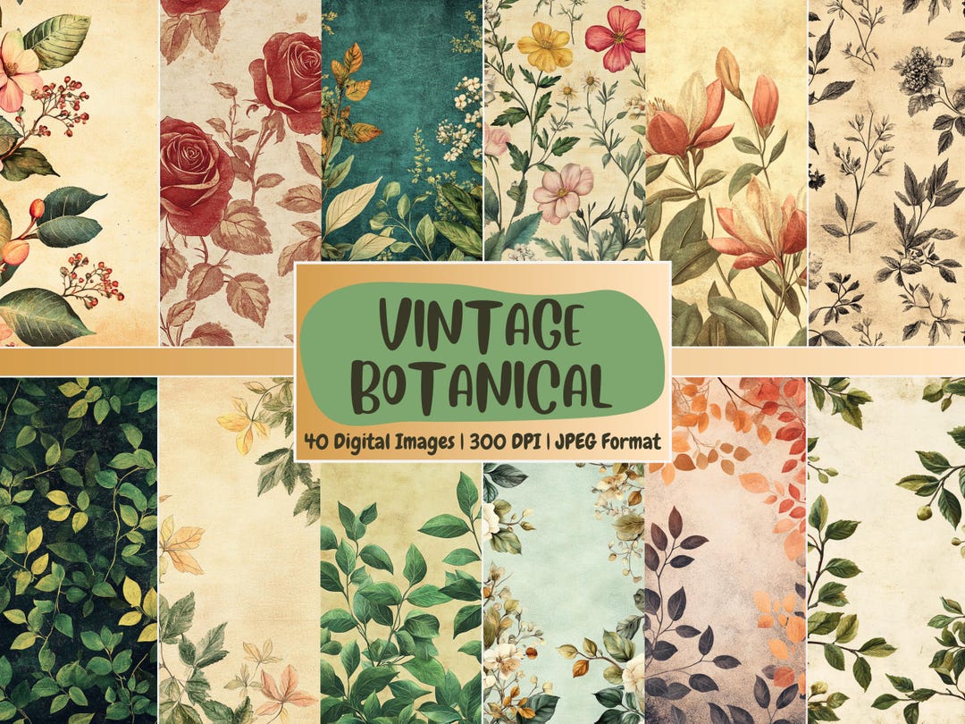 Vintage Botanical Digital Paper | Antique Floral Background, Flower ...