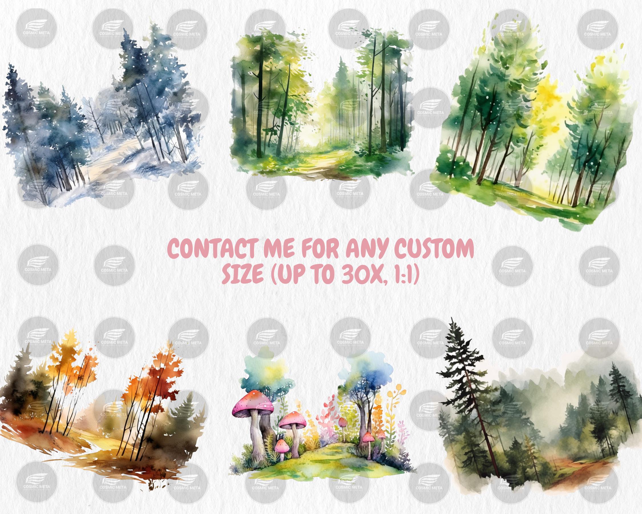 Watercolor Forest Clipart: Woodland Trees, Mountains, Nature Scenes ...