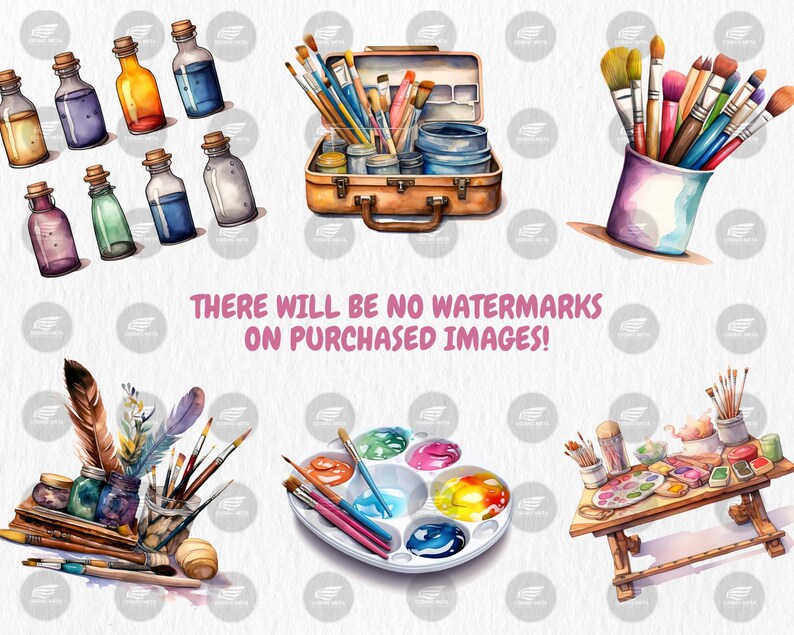 Watercolor Art Supplies Clipart: Brushes, Palette, Paints (instant ...
