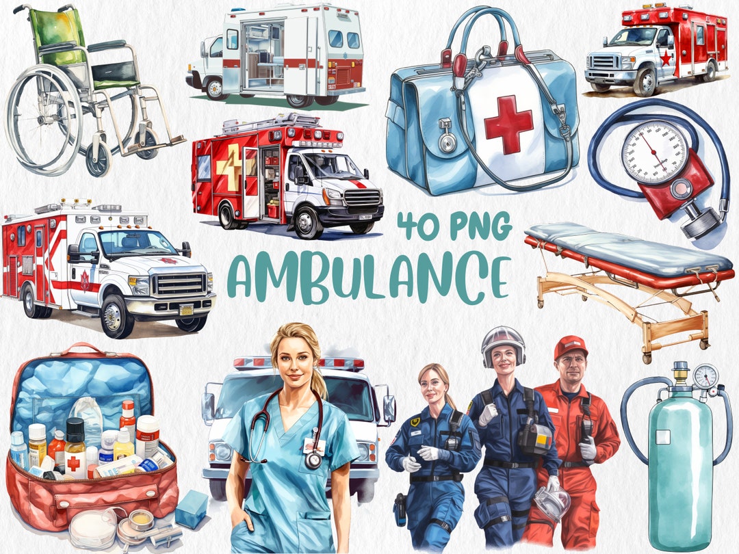 Watercolor Ambulance Clipart: Medical Illustrations (PNG, Digital ...